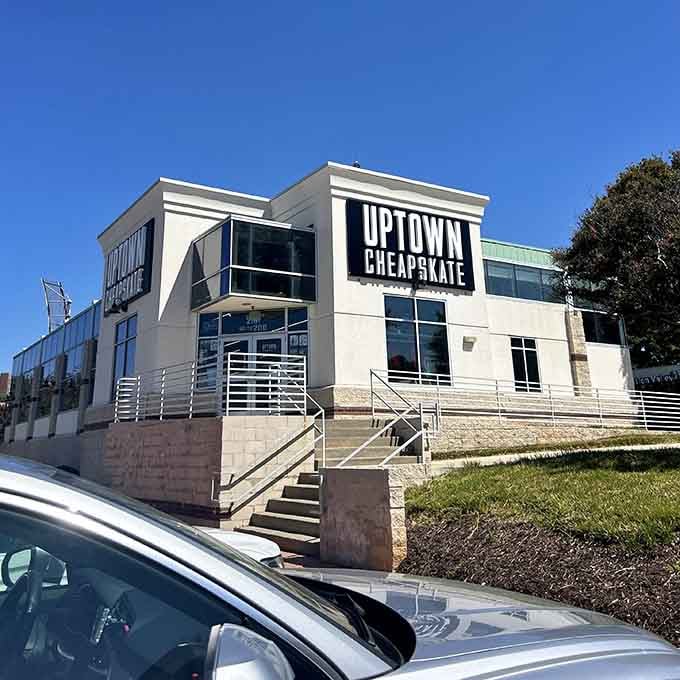 This modern two-story building looks more like a trendy coffee shop than your grandmother's thrift store.