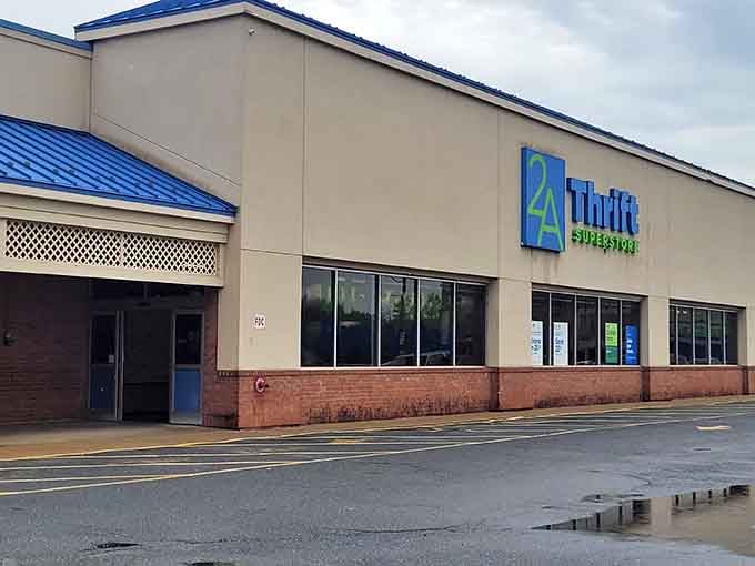 The blue roof and clean lines give this place a welcoming vibe that makes thrifting feel respectable again.