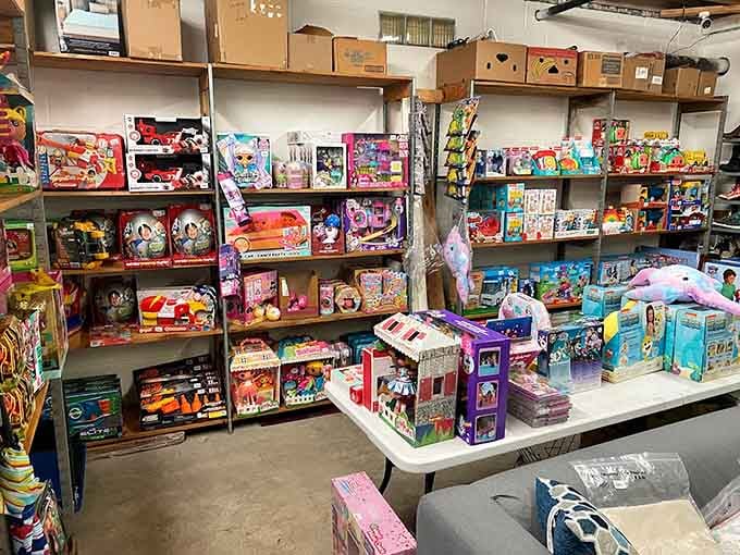 Colorful toys stack high like a kid's birthday wish list came to life in three dimensions.