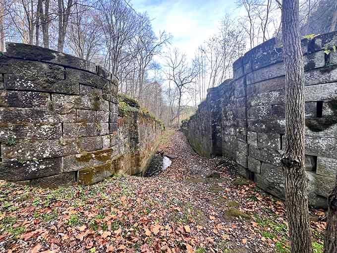 These moss-covered stone ruins stand as silent witnesses to Ohio's industrial past, slowly returning to the forest's embrace.