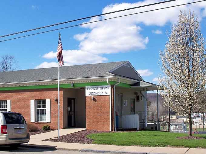 The Bergholz post office stands proudly under blue skies, a brick-and-mortar reminder that small-town America still delivers affordable living.