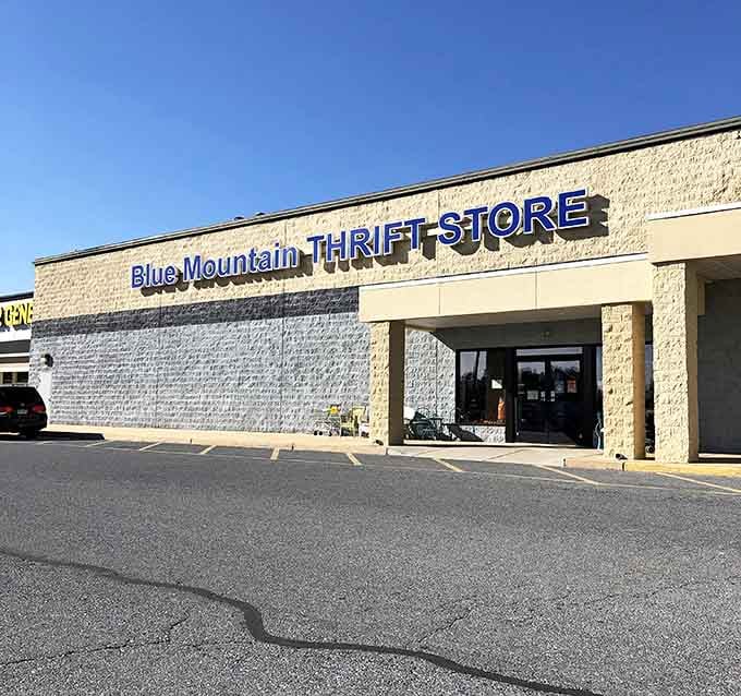 The angular entrance and pristine exterior suggest a well-run operation where thrifting feels less like hunting, more like discovering.