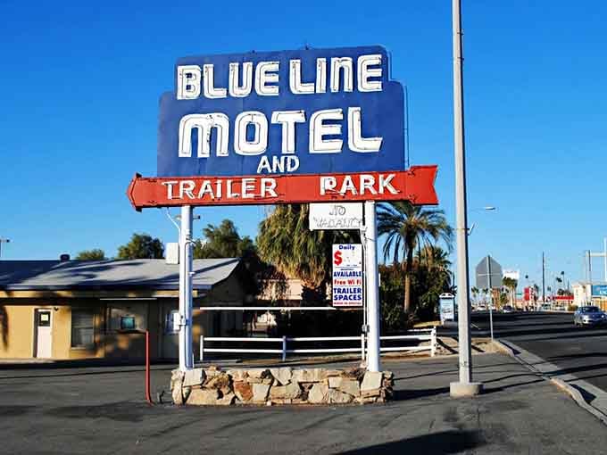 The Blue Line Motel sign is pure Americana, a roadside classic that's welcomed travelers since the days of Route 66.