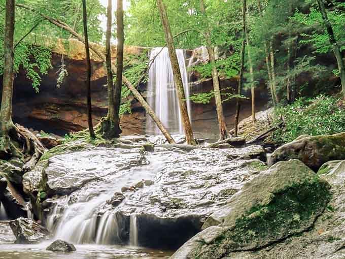 Water cascades over multiple rock shelves here, creating a multi-level show that changes with every season's mood.