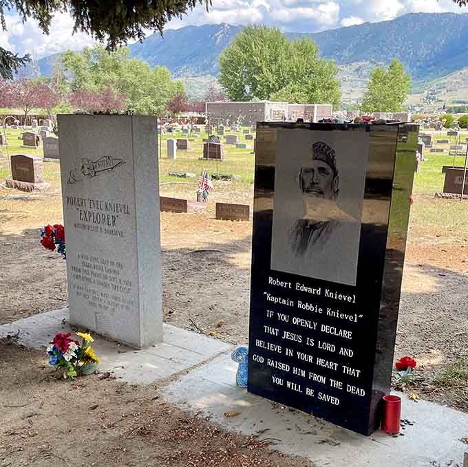 Evel's final resting place features his iconic image etched in stone, overlooking the Butte landscape he called home.