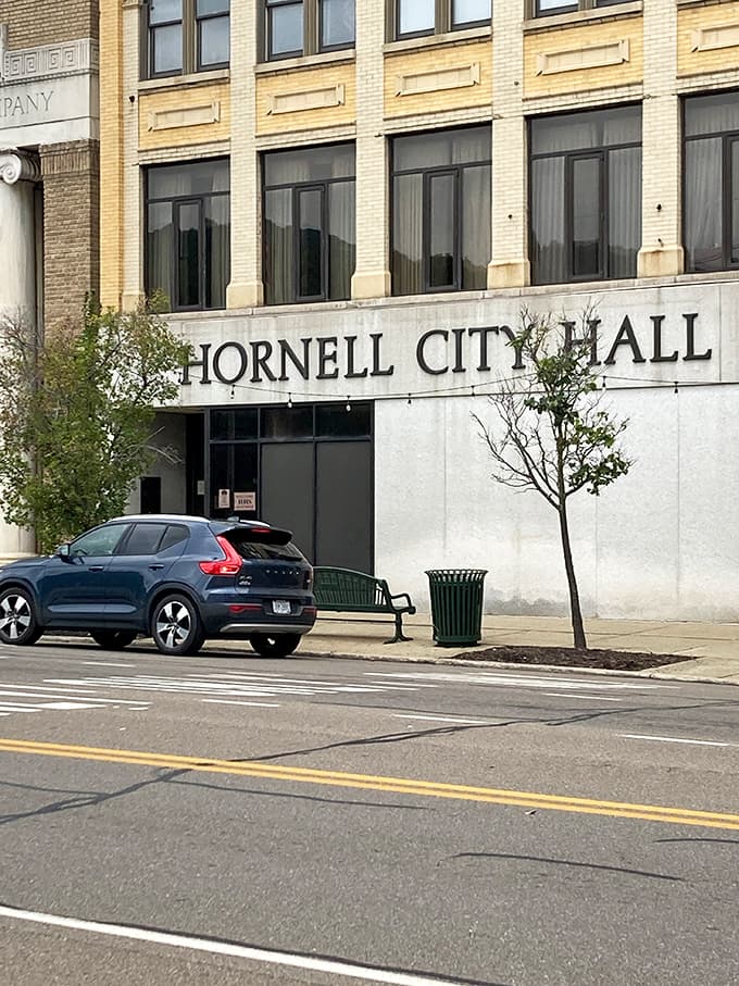 Bold lettering on City Hall announces civic pride in a town that values its heritage and community traditions.