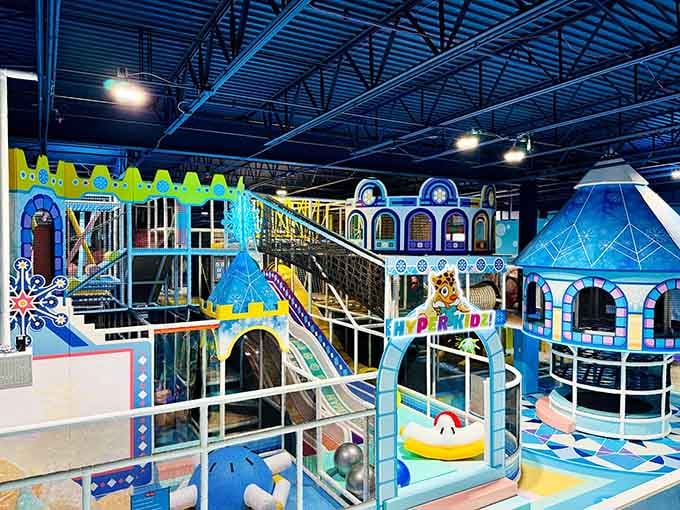 This whimsical wonderland inside Hyper Kidz looks like Willy Wonka designed a playground with slides, towers, and endless imagination.