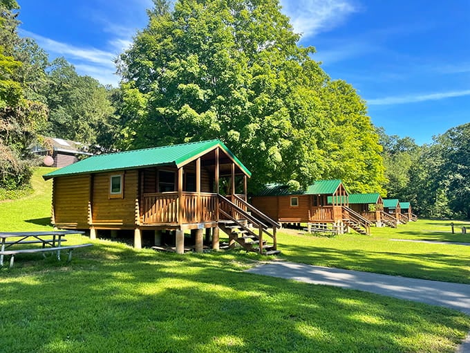 These cozy cabins with cheerful green roofs offer camping with a roof over your head—roughing it for the sensible crowd.