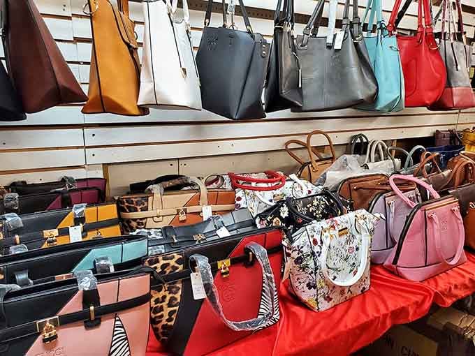 Handbags in every color line the walls like a rainbow of possibilities, from leopard print to classic leather.