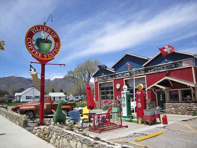 The whimsical Fillmore Coffee Station brings a splash of red against Midway's mountain backdrop &ndash; coffee with a side of charm.