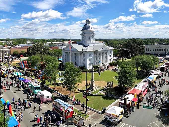 From above, Moultrie's courthouse square buzzes with colorful vendor tents creating a patchwork quilt of community spirit and fun.