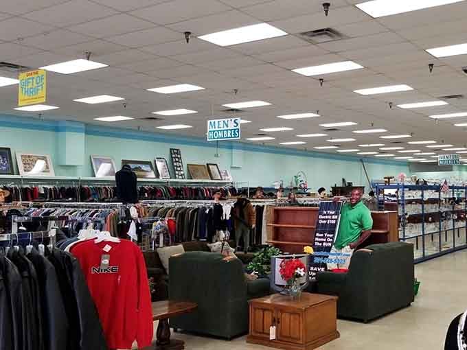 The men's section spreads out with organized efficiency, proving that guys deserve a pleasant shopping experience too.