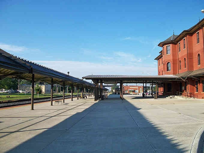 Historic train platforms stretch into the distance like pathways to forgotten American journeys.
