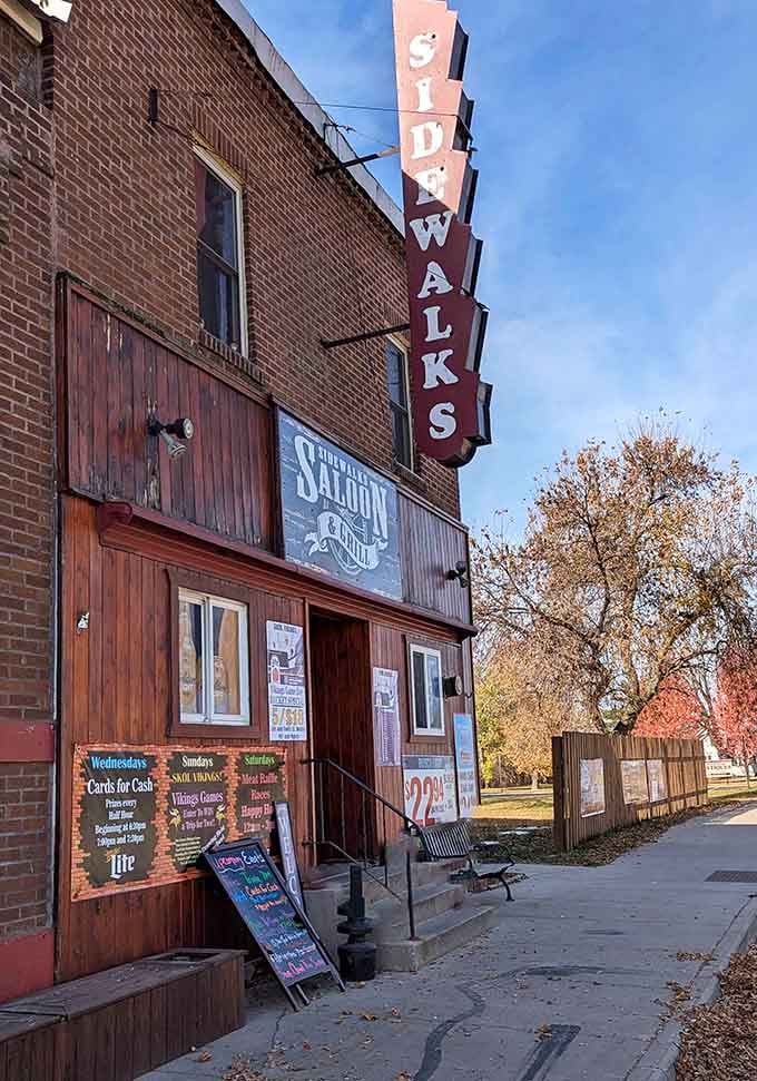 Autumn leaves frame this small-town saloon where the wooden exterior hints at the hearty meals waiting inside.