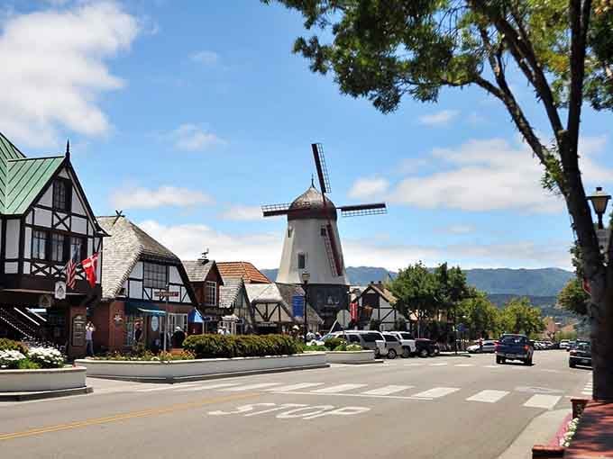 A working windmill stands guard over this slice of Scandinavia, because why shouldn't California have its own Denmark?