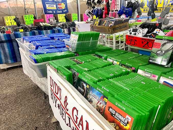 Bright green storage bins stacked high remind you of Tetris, except here you win by finding amazing deals.