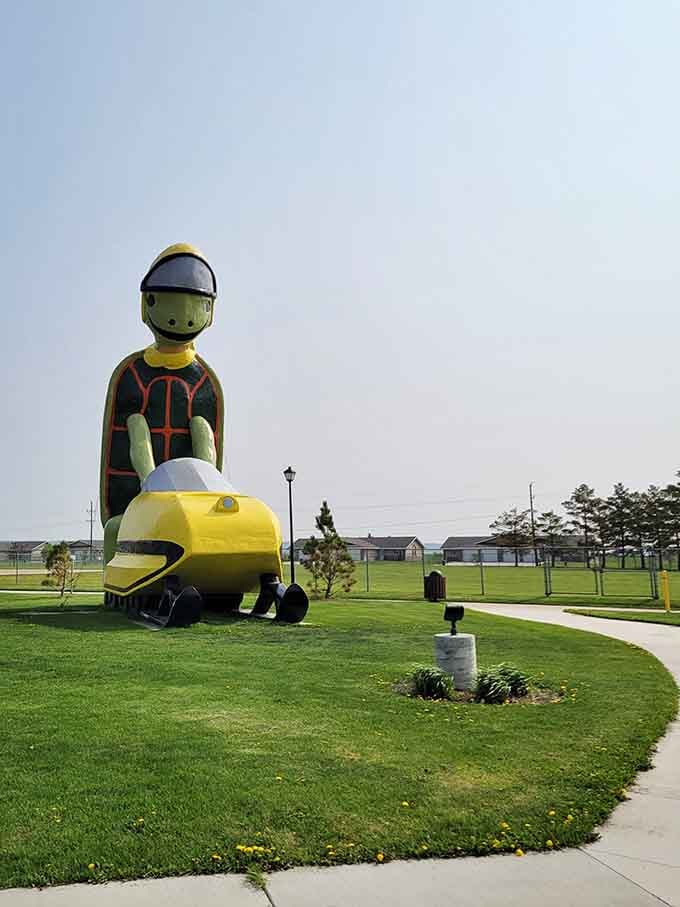 This cheerful green giant proves that even reptiles can embrace North Dakota's snowmobiling culture with style.