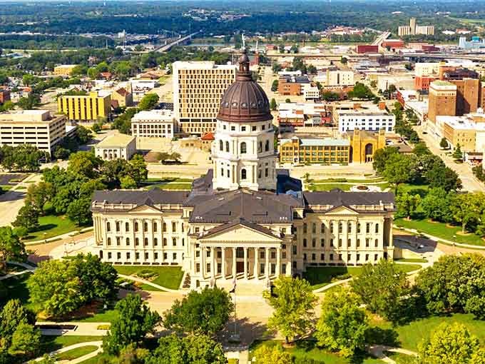 The majestic Kansas State Capitol dome watches over Topeka. All the grandeur of government without the grand expense of living.