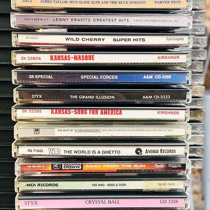 This CD stack reads like a greatest hits of the '70s and '80s, when Kansas and Styx ruled FM radio.