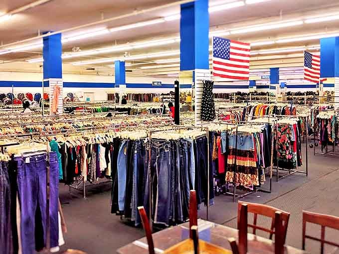 Those patriotic flags hanging inside remind you that supporting thrift stores is as American as apple pie and smart shopping.