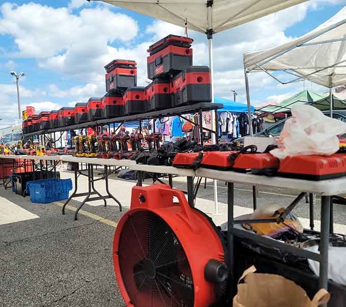 Those stacked red cases tower like a monument to preparedness, ready for whatever project you're planning next.