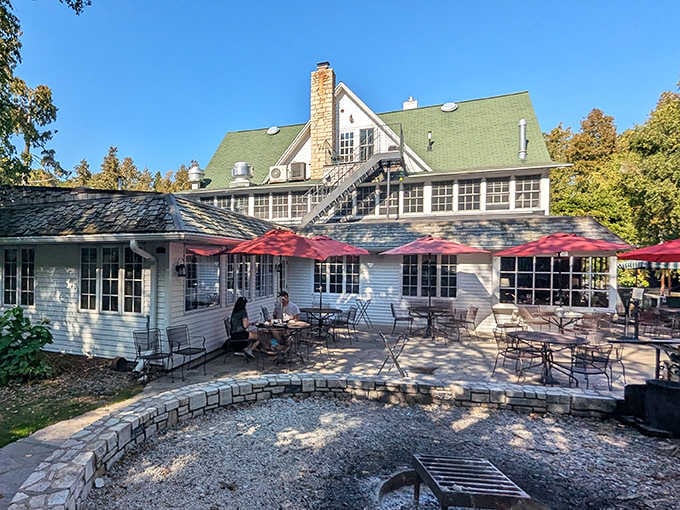 Summer perfection on the patio - where cherry-stuffed French toast meets Door County's most idyllic garden setting.