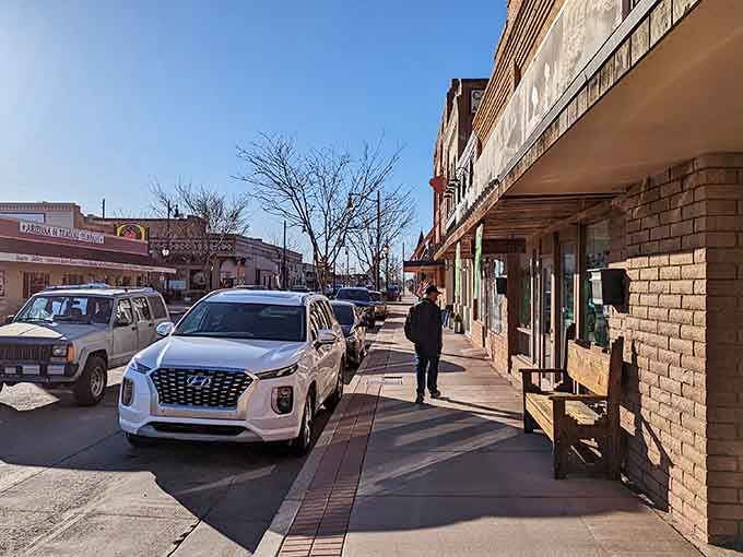 Brick buildings and bare winter trees frame sidewalks where locals still window-shop the old-fashioned way, on foot.