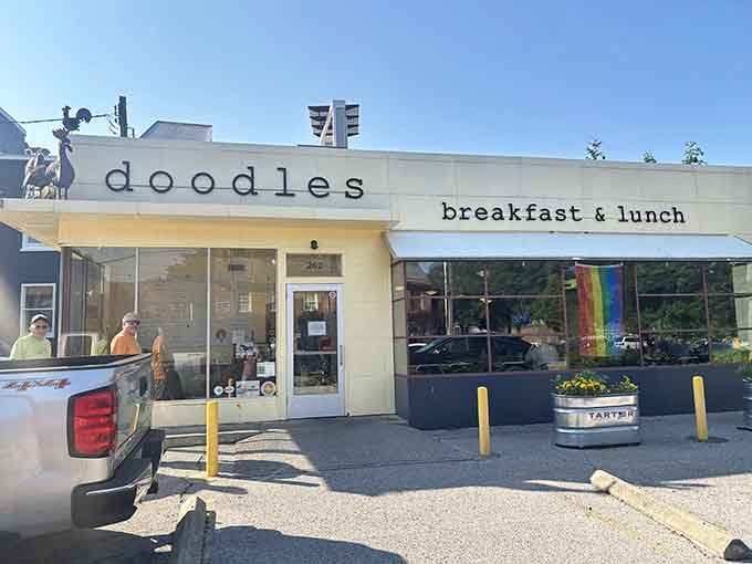 That clean, minimalist storefront hides serious breakfast magic happening inside where eggs and hash browns reach their full potential.