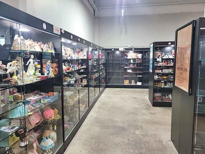 Sleek glass cases protect collectibles with the reverence they deserve after all these years.