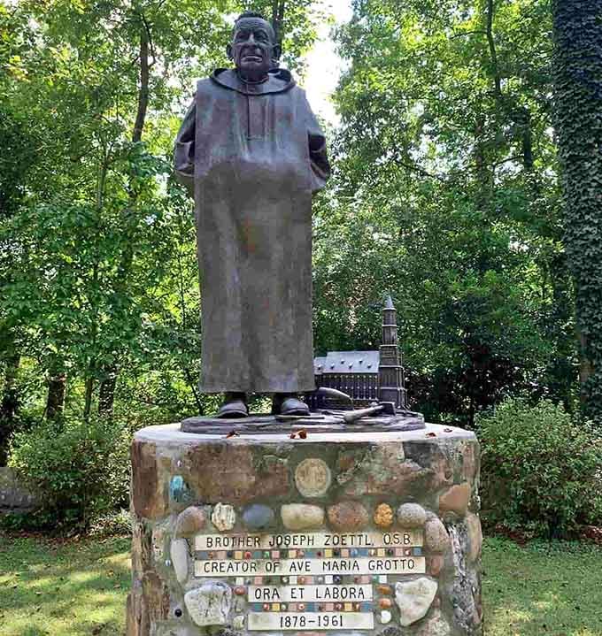 Brother Joseph Zoettl stands immortalized in bronze, forever watching over the tiny world he spent decades lovingly creating by hand.
