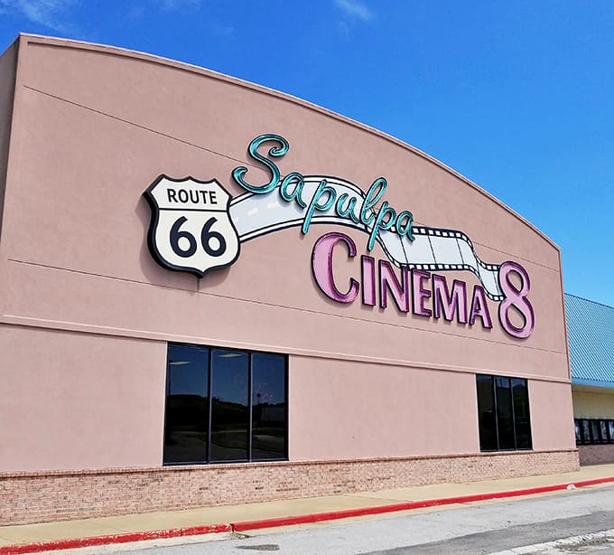 Movie magic lives on at Sapulpa Cinema 8, where the neon sign glows against the Oklahoma sky like a beacon for popcorn-loving pilgrims.