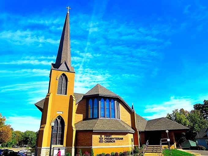 This golden-hued Presbyterian church adds a splash of color to Baraboo's skyline, proving worship spaces can be both reverent and radiant.