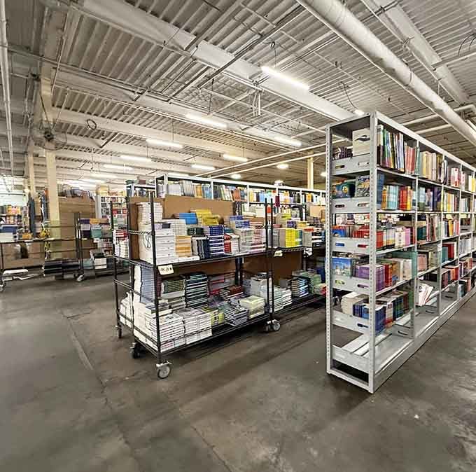 Industrial shelving meets literary paradise where organization is more suggestion than rule, and that's perfectly fine.