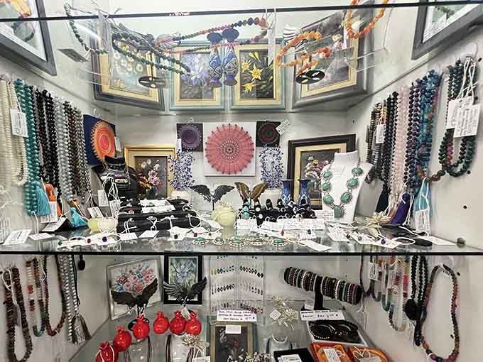 Vintage jewelry sparkles under the lights, each piece carrying decades of stories, celebrations, and maybe a few secret romances.