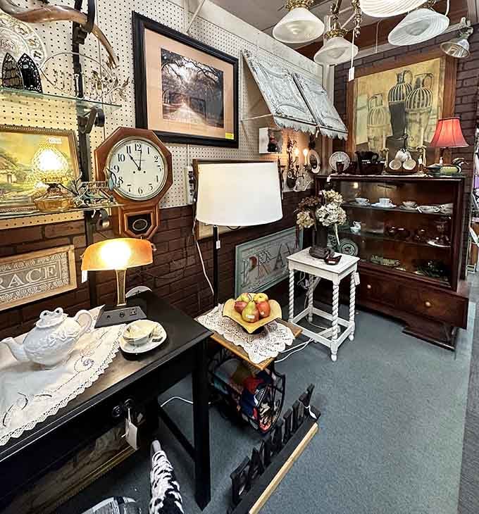 Vintage lamps and clocks create cozy vignettes that'll have you redesigning your entire living room.