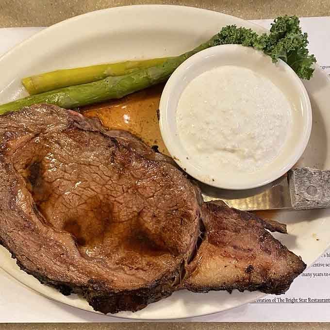 That prime rib could make a vegetarian reconsider their life choices, served with asparagus and creamy horseradish.