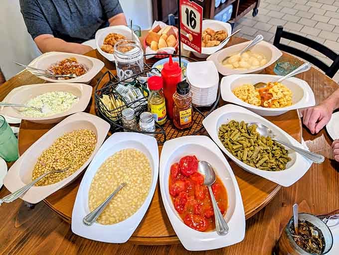 A buffet table that looks like your grandmother's Thanksgiving spread decided to become a daily occurrence.
