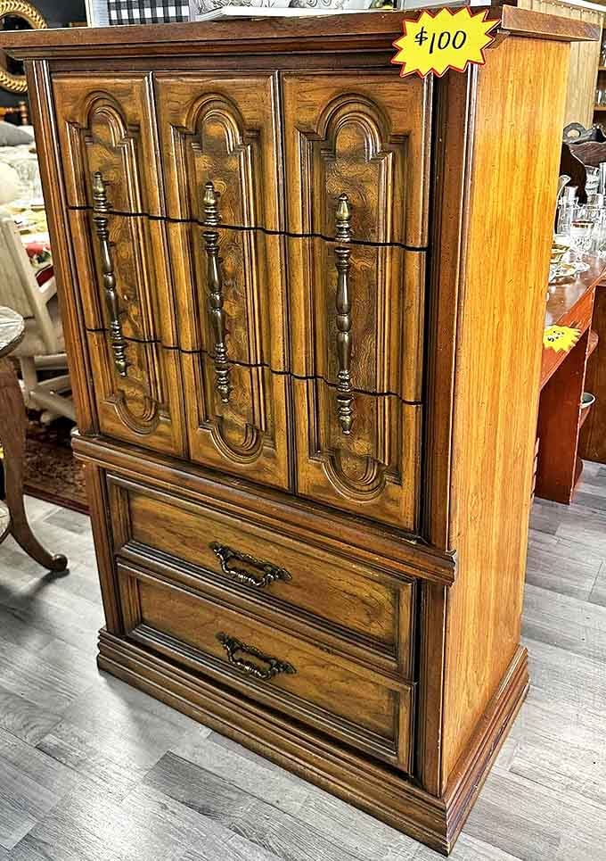 Solid wood craftsmanship that puts modern furniture to shame. This cabinet has survived decades and will outlast anything from those big box stores.