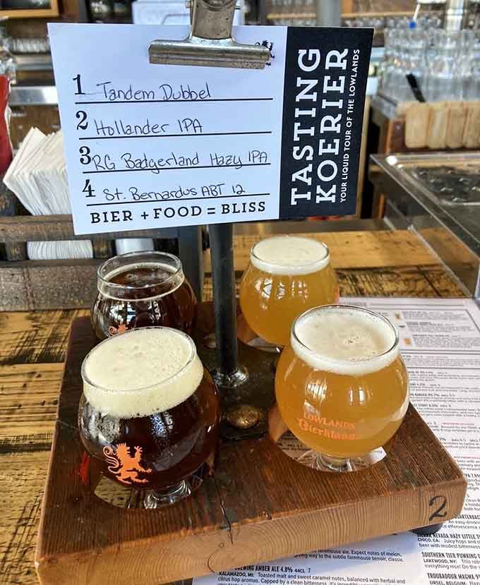 Four beers on a wooden paddle means you're about to become a Belgian brewing expert, willing or not.