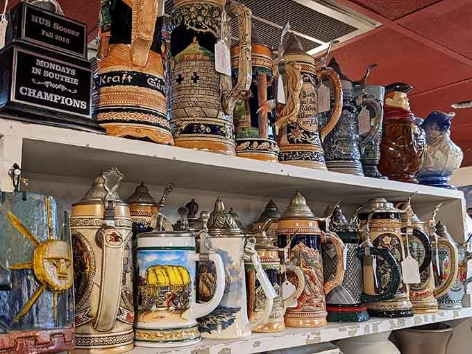 German beer steins lined up like a Bavarian reunion, each one ready to toast to better times.