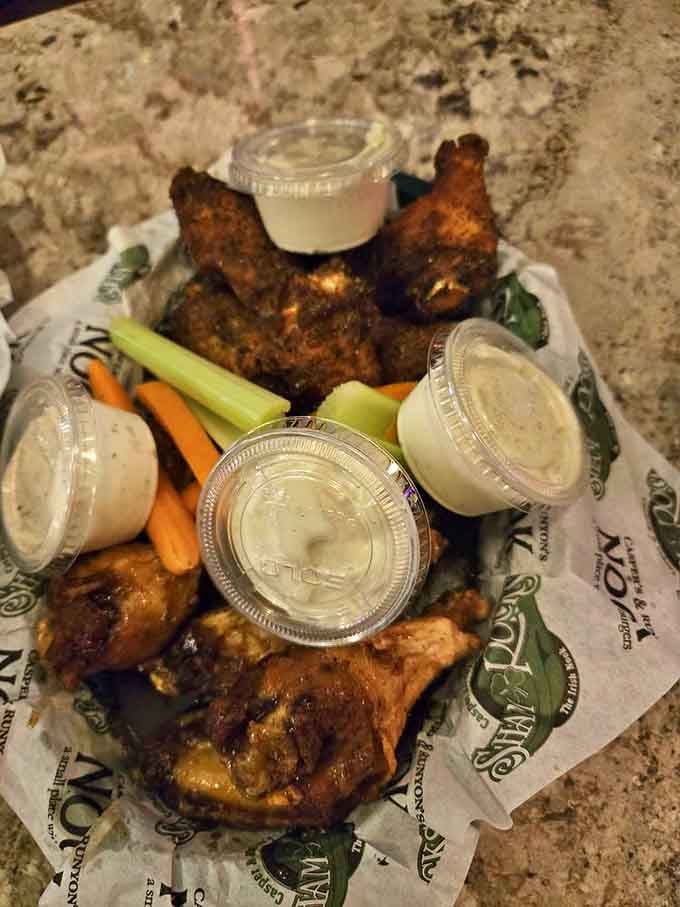 Wings and veggies, the classic sports bar combo. These crispy beauties come with enough dipping sauces to satisfy even the most indecisive eater.