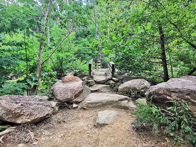 Forest trails wind through boulders and greenery, inviting you to discover what's around every peaceful bend ahead.