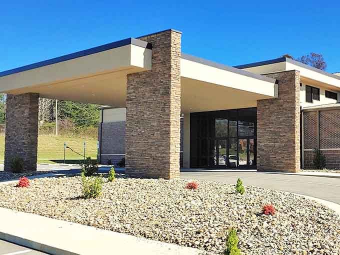 Mid-century architecture meets small-town faith in this distinctive A-frame design that catches your eye immediately.