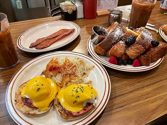 French toast, bacon, and eggs Benedict walk into a diner, and nobody's wallet gets hurt.