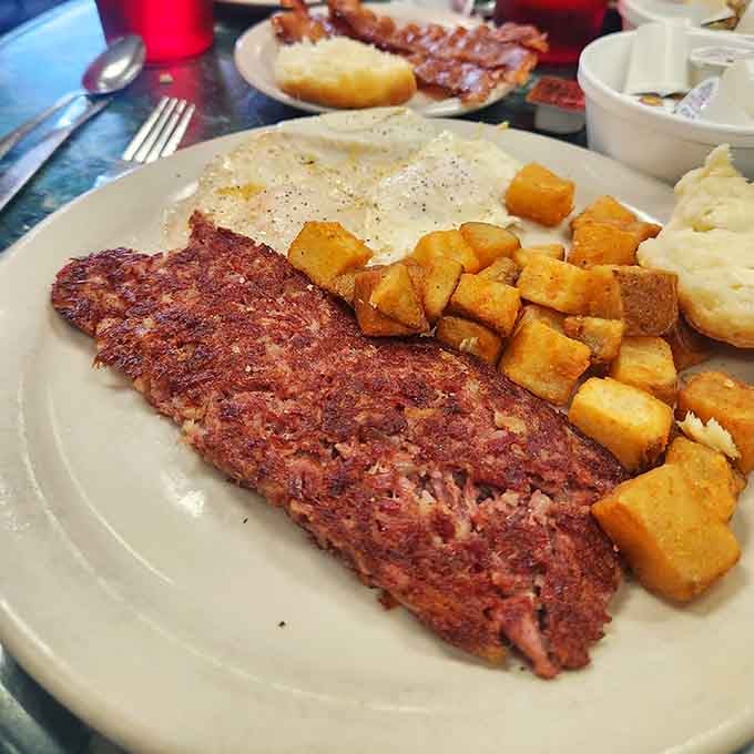 Corned beef hash done right, with eggs that know exactly how to make a proper breakfast introduction.