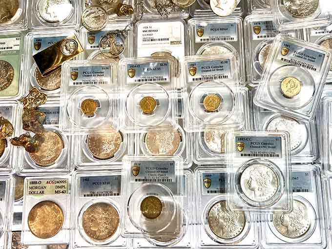 Gold rush dreams preserved under glass. These coins once represented someone's fortune or folly in Alaska's boom-or-bust history.