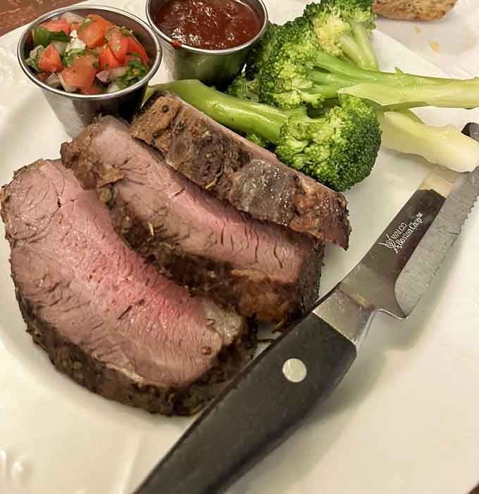 That tri-tip is cooked to pink perfection, proving that dinner here is just as impressive as breakfast.