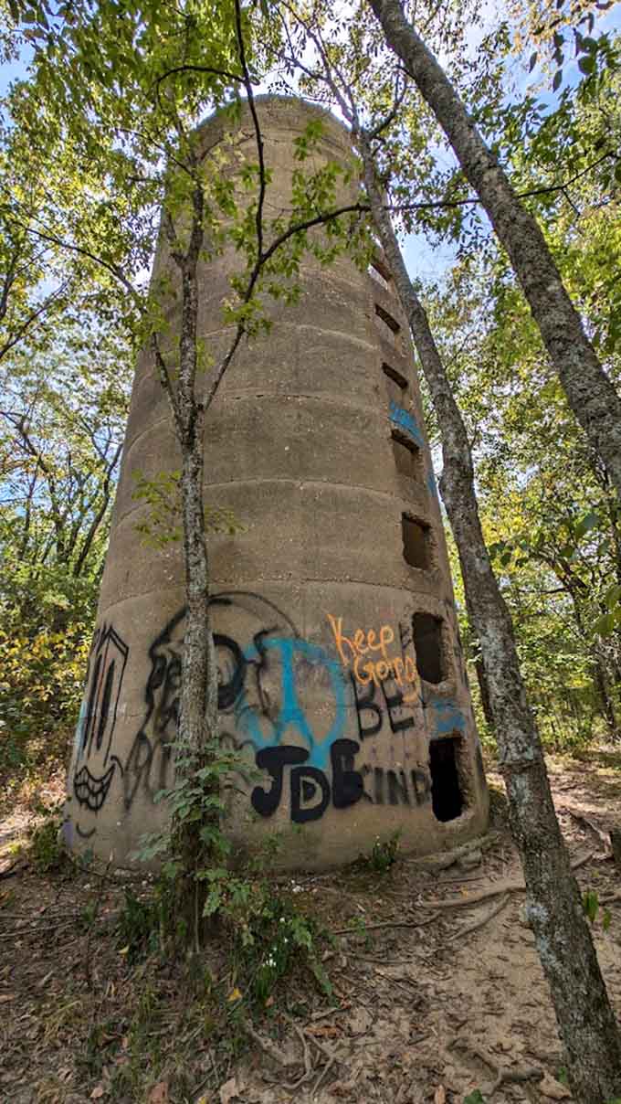 This mysterious tower stands like a forgotten relic from another era, graffiti and all.
