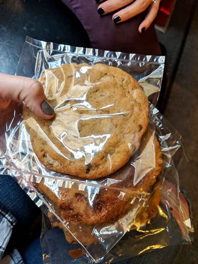 Giant cookies wrapped and ready to make someone's day infinitely better, one delicious bite at a time for lucky customers.