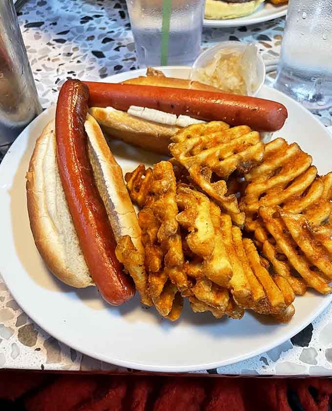 Classic hot dogs and waffle fries prove that sometimes the simplest pleasures are the most satisfying ones available.